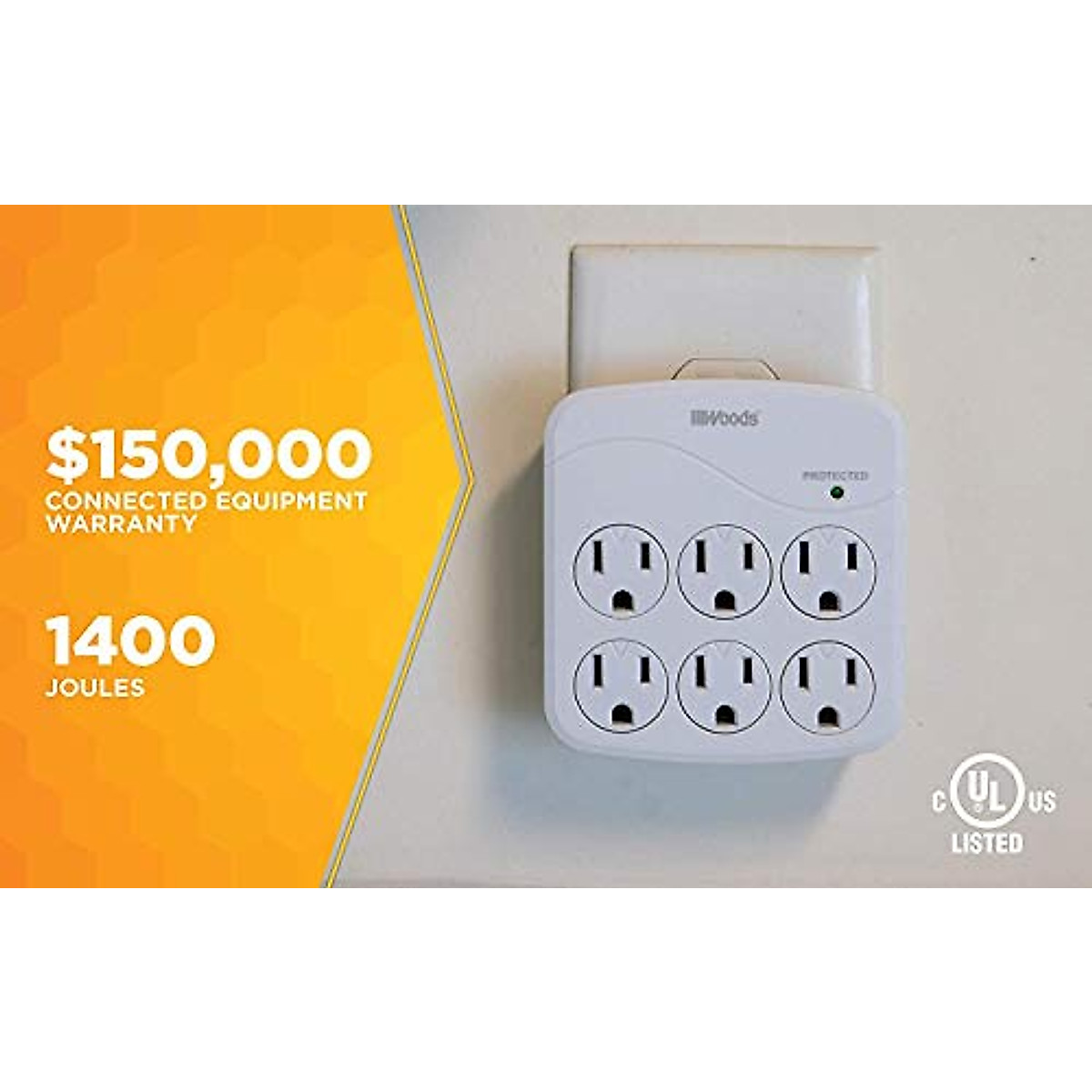 Woods 41076 Surge Protector with 6 Power, 6-Outlet 1440J of Protection