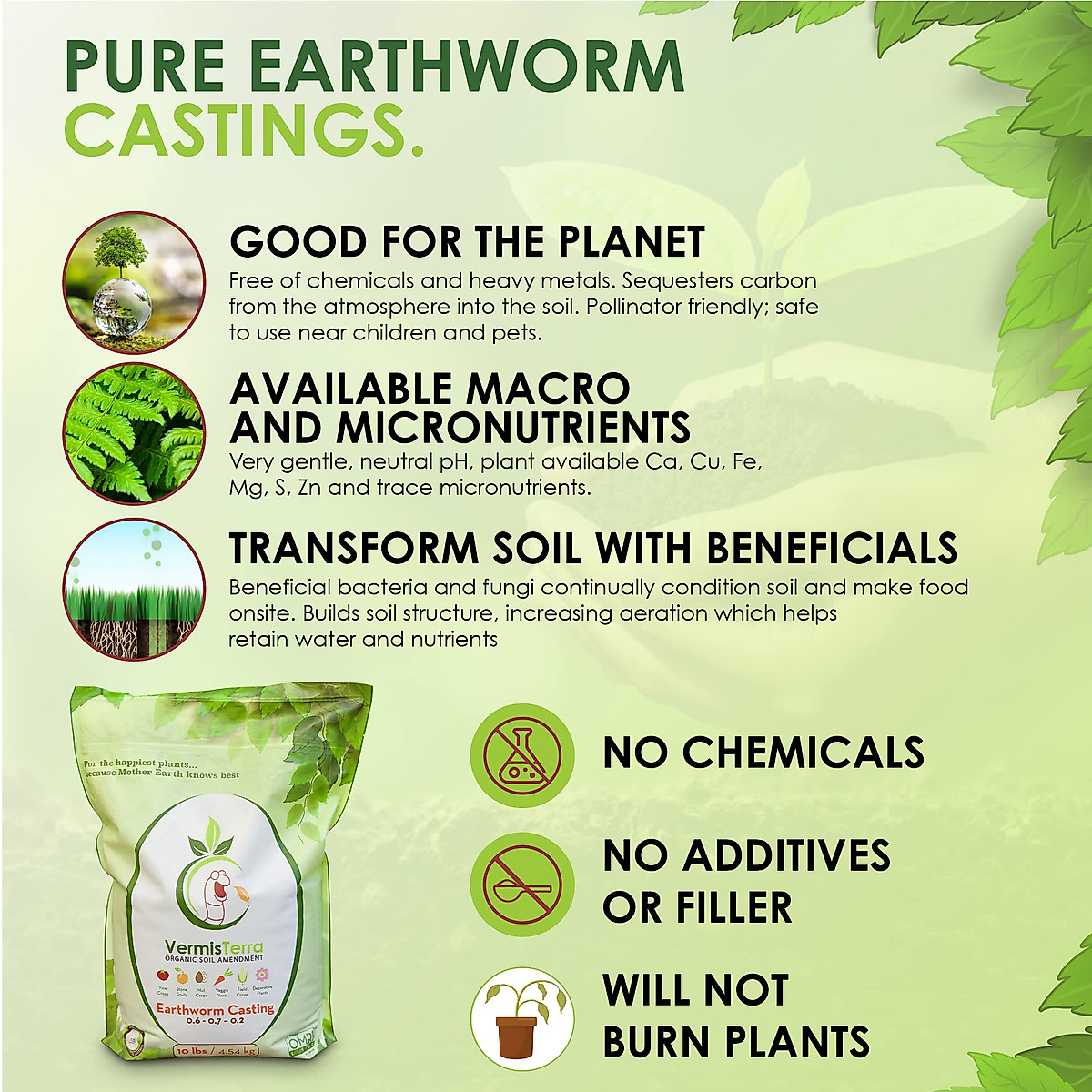 VermisTerra Earthworm Castings - (5 LB) 2.7 qts - 100% Organic Earthworm Castings - All Natural Plant Fertilizer - Soil Enhancer - Potting Mix for Plants, Vegetables, Flowers, Indoor + Outdoor
