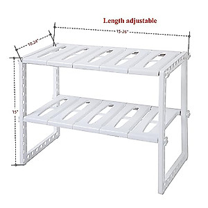 2-Tier Under Sink Organizers Storage Rack Extendable Kitchen Cabinet Shelf Organizer Rack Under Sink Shelf White;Length extendable from 15"to26"