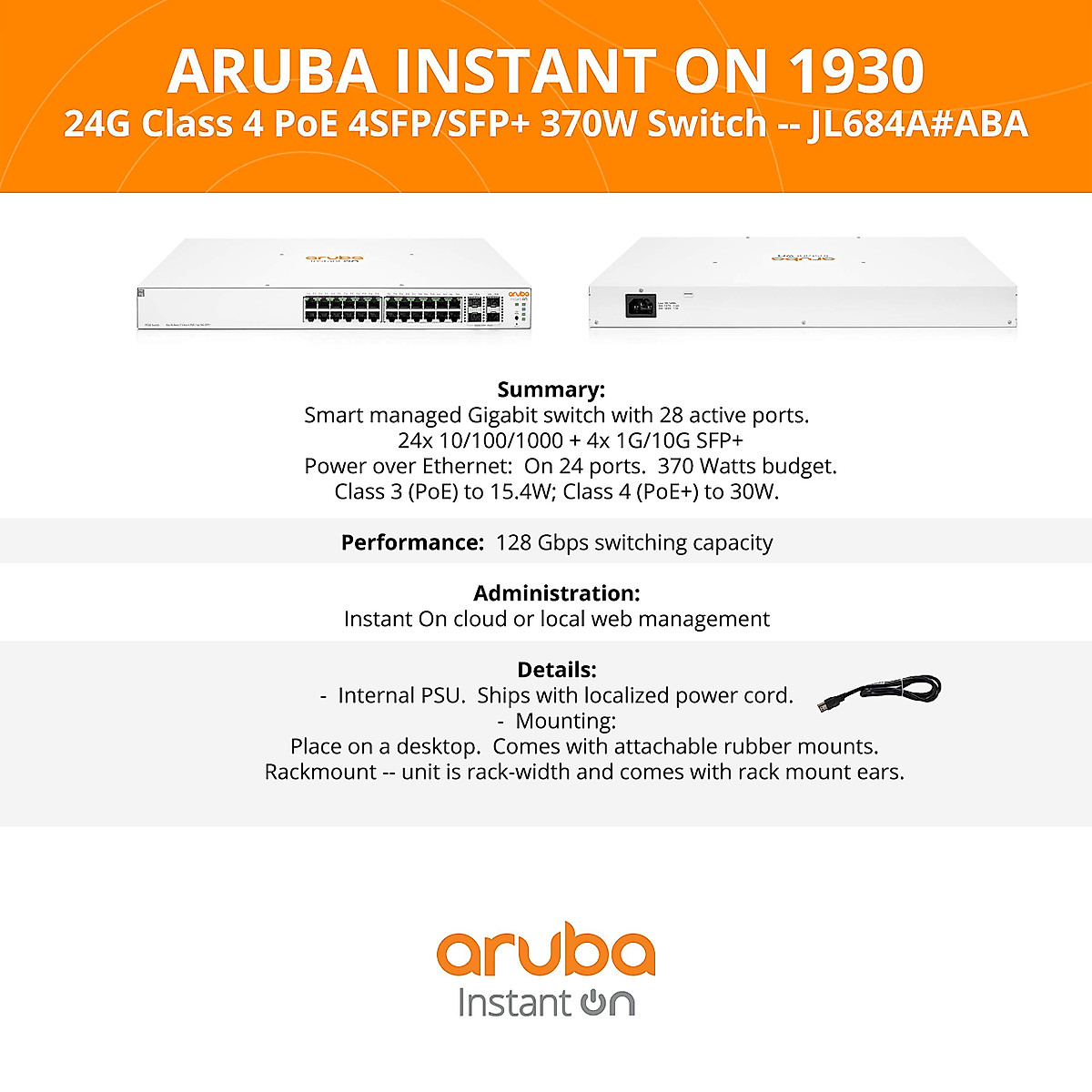 Aruba Instant On 1930 28P Gb Ethernet 24xGE PoE (370W), 4X 1G/10G SFP+, L2+ Smart Switch EU Europe Cord (JL684A#ABB)