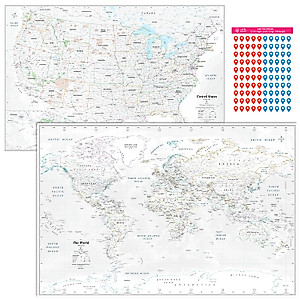 NOWMAP AquaShield Double-Sided World and USA Map Waterproof 2 Wall Map Set 24x36 - Folded Edition with (Pin Stickers)
