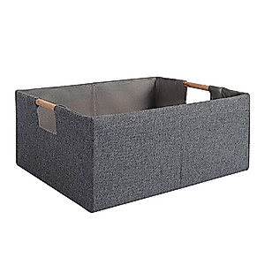 LaMorée Fabric Storage Bin Box Foldable Cotton Linen Storage Basket with Wooden Handles Rectangular Cube Decorative Home Nursery Laundry Organizer Clothes Blanket Container – Gray, Small