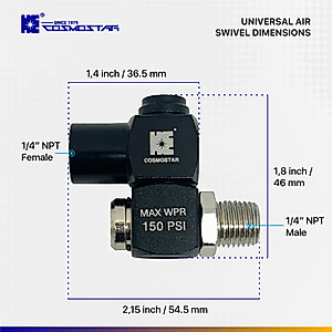 Cosmostar 1/4" NPT 360° Swivel Air Hose Connector – Industrial-Grade Swivel Fittings for Air Tools (2-Pack)