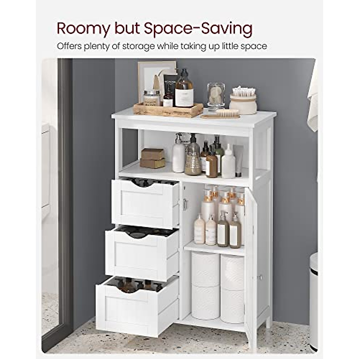 VASAGLE Bathroom Floor Storage Cabinet, Bathroom Storage Unit with 3 Drawers, Bathroom Cabinet Freestanding, Adjustable Shelf, 11.8 x 23.6 x 35.4 Inches, White UBBC542P31