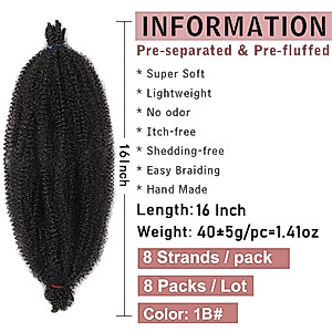 16 Inch Pre-Separated Springy Afro Twist Hair 8 Packs Spring Twist Hair For Distressed Soft Locs Natural Black Marley Twist Crochet Braiding Hair Synthetic Hair Extensions (8 Strands/Pack,1B#)
