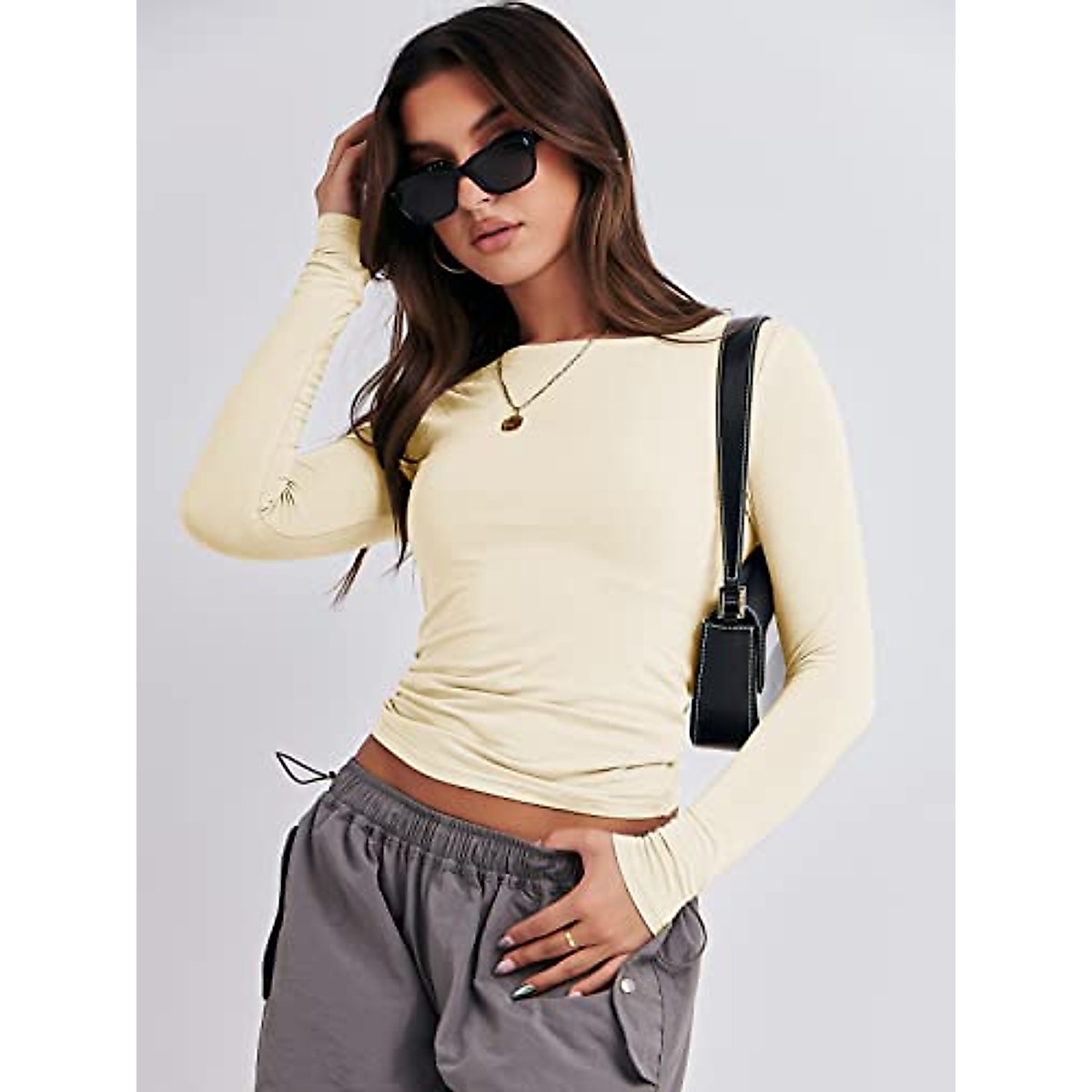 ANRABESS Women Long Sleeve Slim Fit Crop Top Going Out Tight Y2K Tshirt Trendy Basics Tees Streetwear Workout Athletic 2023 Fashion Clothes 1029xingse-S Apricot