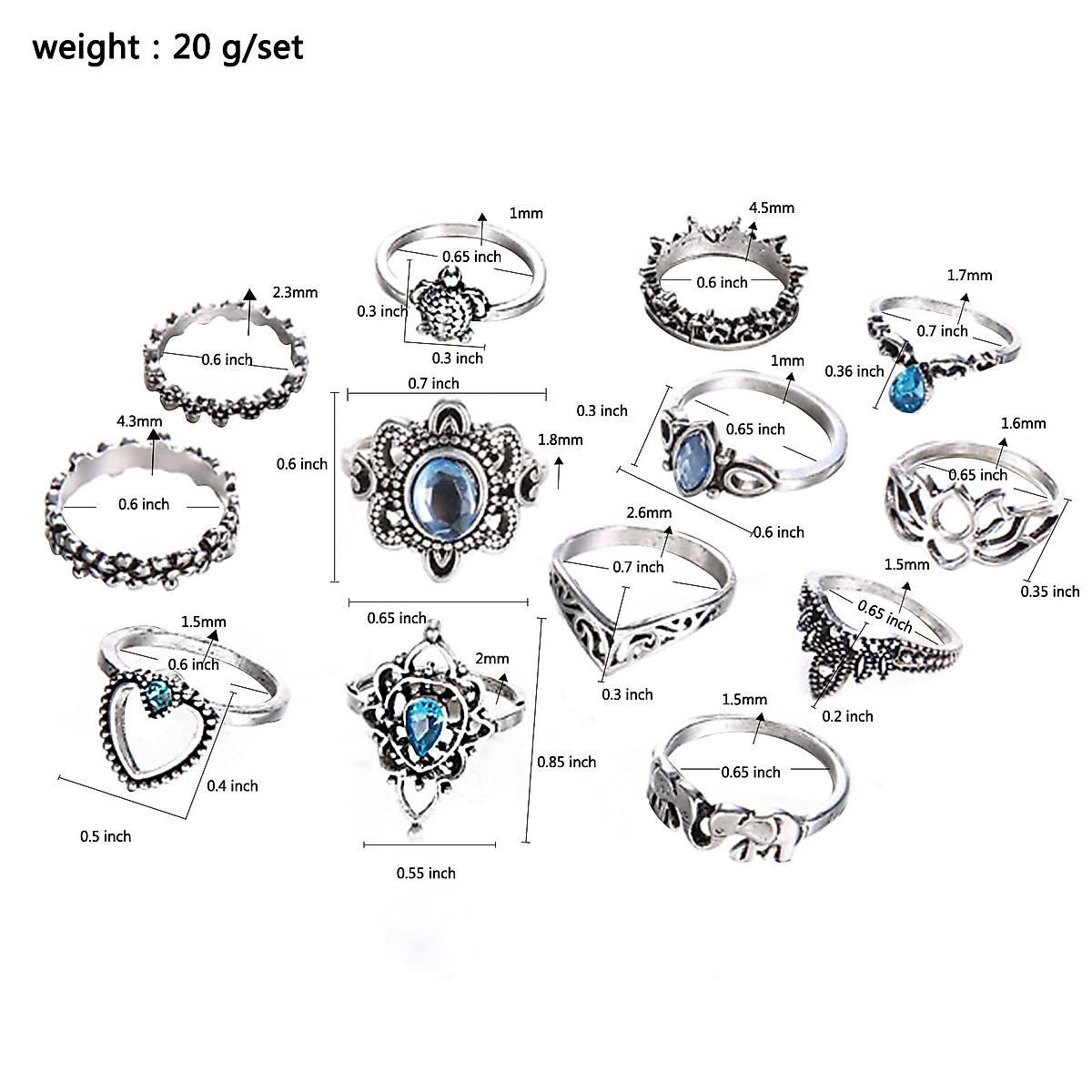 ABJFJE 13Pcs Vintage Silver Stackable Finger Rings Set Boho Midi Cool Gothic Punk Hollow Carved Flowers Turtle Heart Crystal Knuckle Rings Set for Women (13Pcs Silver ring)