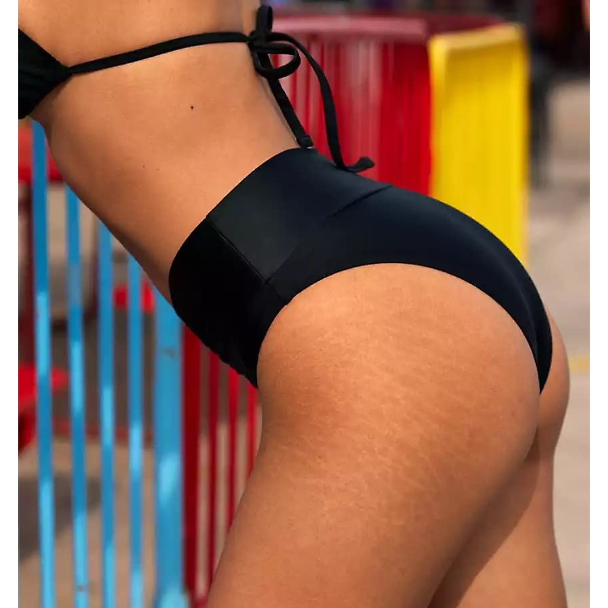 Zohamung Womens Retro High Waisted Bikini Bottoms Brazilian Cheeky High Cut Tankini Briefs Gray Black