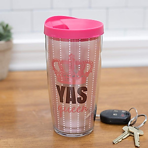 Signature Tumblers Yas Queen Wrap on Clear 16 Ounce Double-Walled Travel Tumbler Mug with Fuchsia Easy Sip Lid