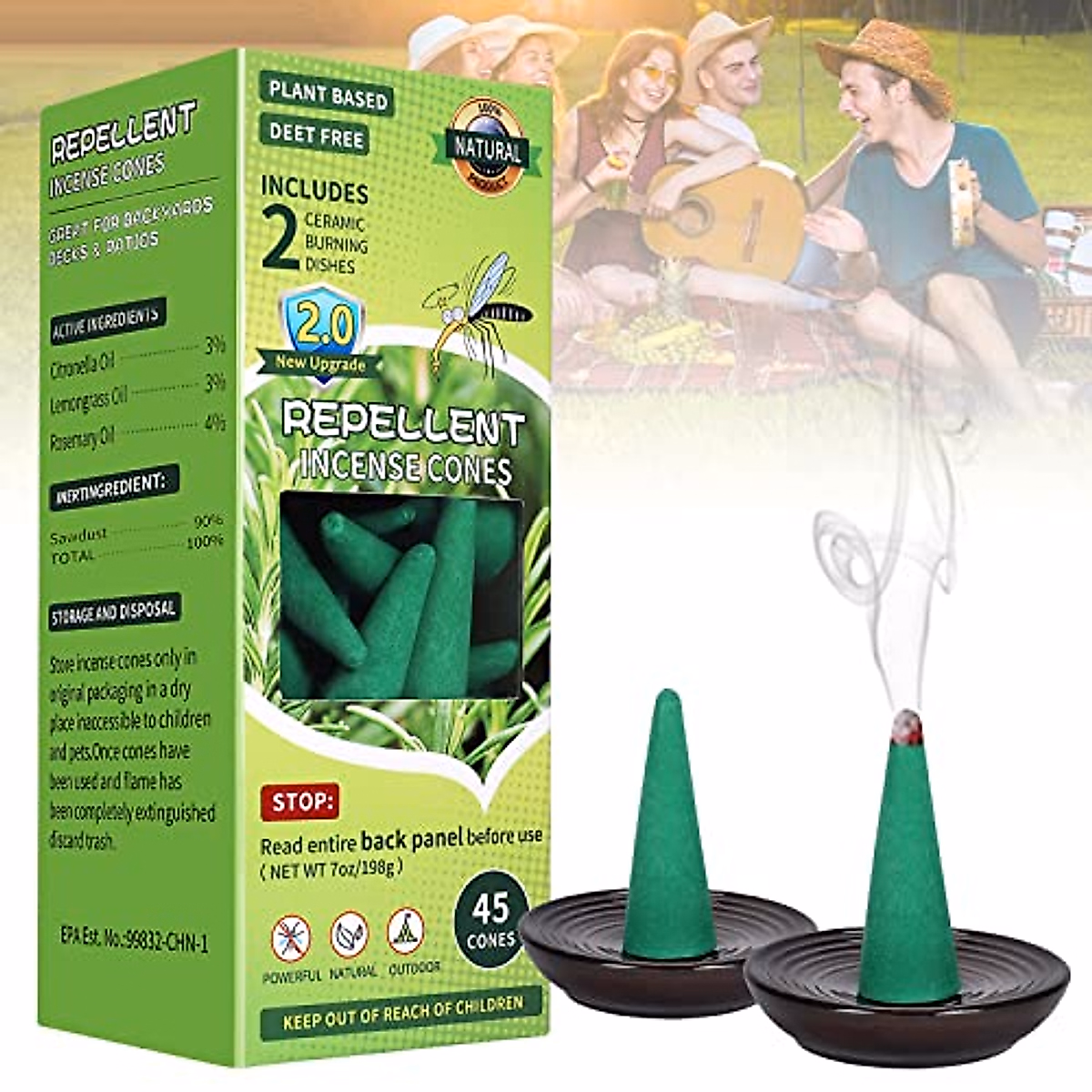 Mosquito Repellent Incense Cones Bug Repellent Outdoor 45 Cones 100% Natural.Made with Natural Lemongrass & Rosemary Oil Non Toxic and DEET Free-Includes 2 Ceramic Dishes
