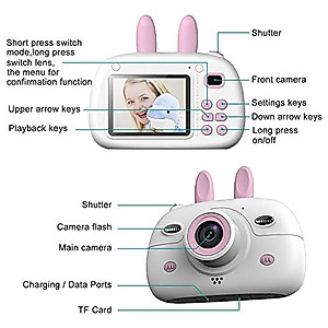 MCJL Child Camera Child Digital Camera Photograph Print Camera Cartoon Rabbit Video Recorder 1080P High List Anti Dual Lens 2.4 Inch IPS Screen,Pink,No Memory Card