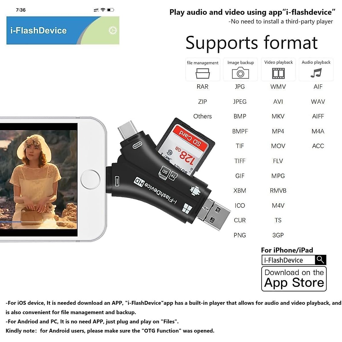 [MFi Certified] 4in1 SD Card Reader for iPhone That Reads Both SD TF Memory simultaneously,for Trail Camera/Hunting Game Camera Viewer Plays Video Photo on All Latest Apple iOS