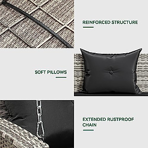 YITAHOME 3-Seats Wicker Hanging Porch Swing Chair Outdoor Gray Rattan Patio Swing Lounge 3 Back Cushions Capacity for Garden, Balcony, Living Room, Gray Rattan Black Cushion