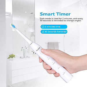 Kratax Sonic Electric Toothbrush for Adults, USB Rechargeable Toothbrush with 2 Replacement Heads, 4 Modes with 2 Minutes Smart Timer, IPX7 Waterproof -Modern Electric Toothbrush (White)