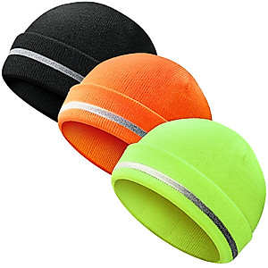 Reflective Knit Hat Safety Beanies Adult High Visibility Beanie Neon Winter Knit Caps with Reflective Stripe (Black, Orange, Fluorescent Yellow)