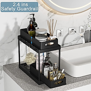 YumKubis Under Sink Organizers and Storage, 2 Tier Sliding Bathroom Cabinet Organizer, Pull Out Under Sink Storage, Black Bathroom Counter Organizer with Drawers & 4 Hooks for Kitchen, Bathroom