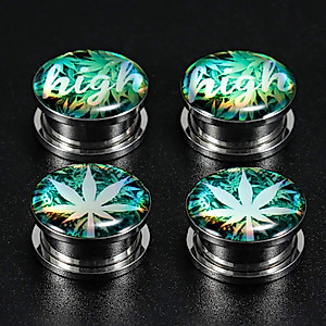 TBOSEN Set Of 4 Pcs Maple Leaf Plug and Tunnels For Ears Silver Screw Crystal Drops Large Ear Gauges 2g - 1-3/16 inch