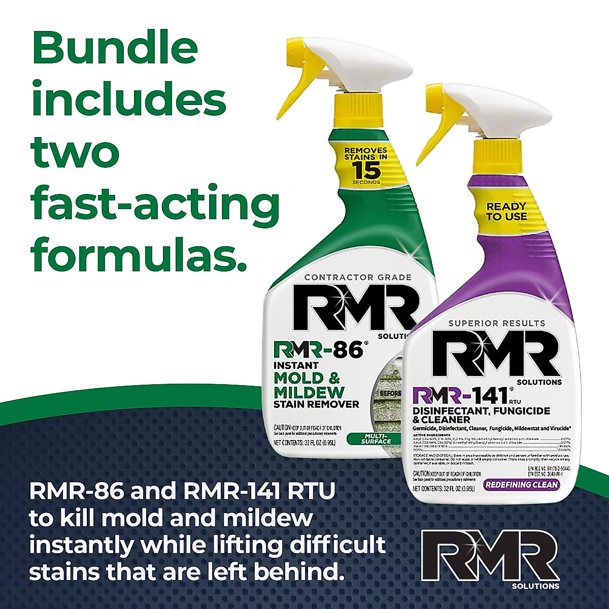RMR Brands Complete Mold Killer & Stain Remover Bundle - Mold and Mildew Prevention Kit, Disinfectant Spray, Mold and Mildew Stain Remover, Includes 2 - 32 Ounce Bottles