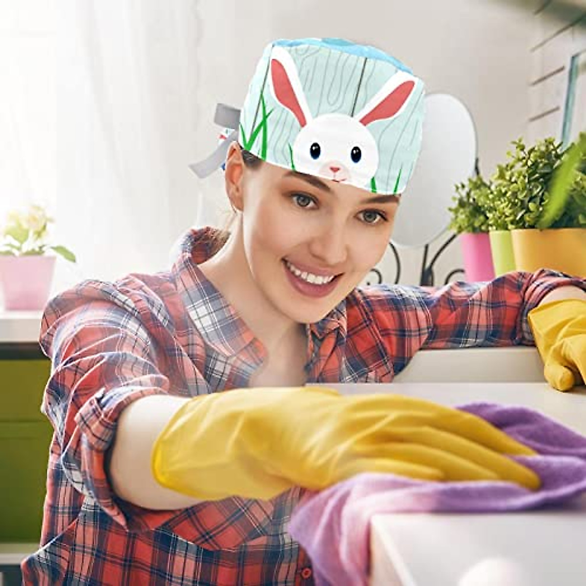 Happy Easter Bunny Egg Cute Rabbits Working Cap with Button & Sweatband, 2 Packs Reusable Surgical Surgery Hats Ponytail Holder, Multi Color