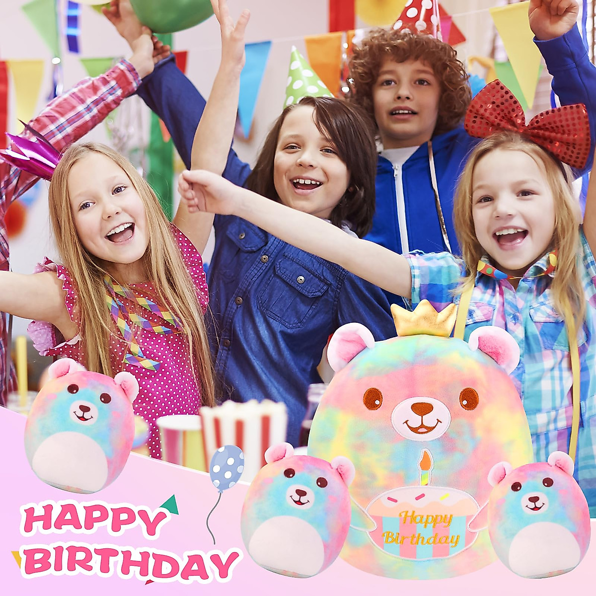 safolosha Birthday Bear Plush Pillow 12" Soft Bear Plush Toy Cute Bear Stuffed Animal with 3 Babies Bear Plushie Home Room Party Decoration Birthday Festival Prezzie for Kids Toddlers