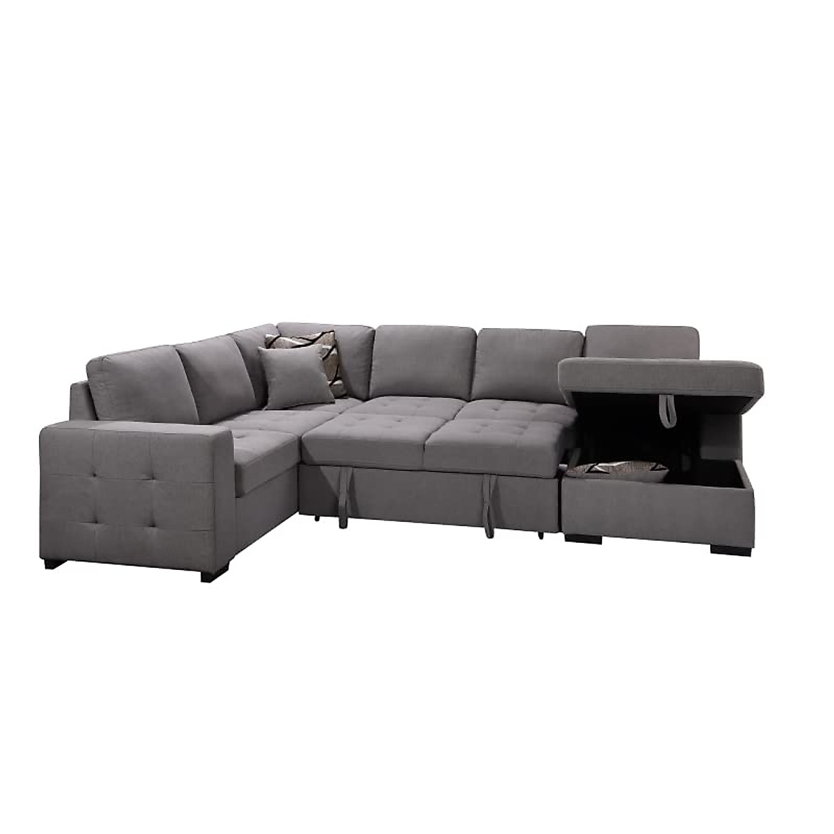 U-Shaped Oversized Polyester Sectional Sofa with Pull Out Sleeper Couch Bed & Storage Chaise Lounge, King Functional Sofá w/ 4 Pillows for Large Flat Mansion Villa Living Room Furniture Sets, Grey