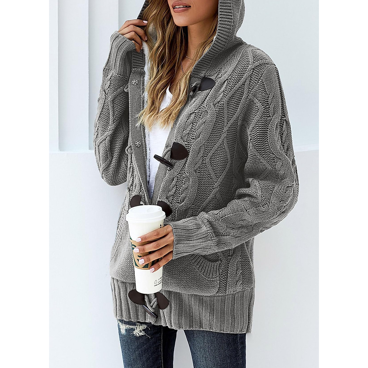 Dokotoo Womens Winter Fashion Ladies Cozy Faux Fur Hooded Casual Cardigans Sweaters Button Open Front Long Sleeve Cable Knit Fleece Coat Outerwear with Pockets Grey Small