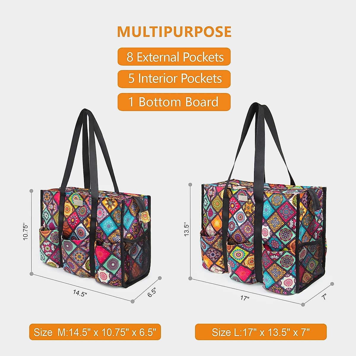 TOPDesign Utility Water Resistant Tote Bag with 13 Exterior & Interior Pockets, Top Zipper Closure & Thick Bottom Support