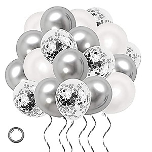 Nobledecor Silver White Party Decoration Balloons Kit, 12inch 60 Pcs Metallic Latex Silver Balloons Silver Confetti Balloons for Birthday Wedding Party Baby Shower Birthday Graduation Decoration Supplies