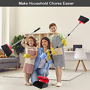 Broom with Dustpan Combo Set,UDUK 51'' Long Handle Broom with Standing Dustpan for Home, Heavy Duty Broom and Dustpan Set with Lid and Cleaning Teeth, Ideal for Pet Store Kitchen Indoor Outdoor (Red)