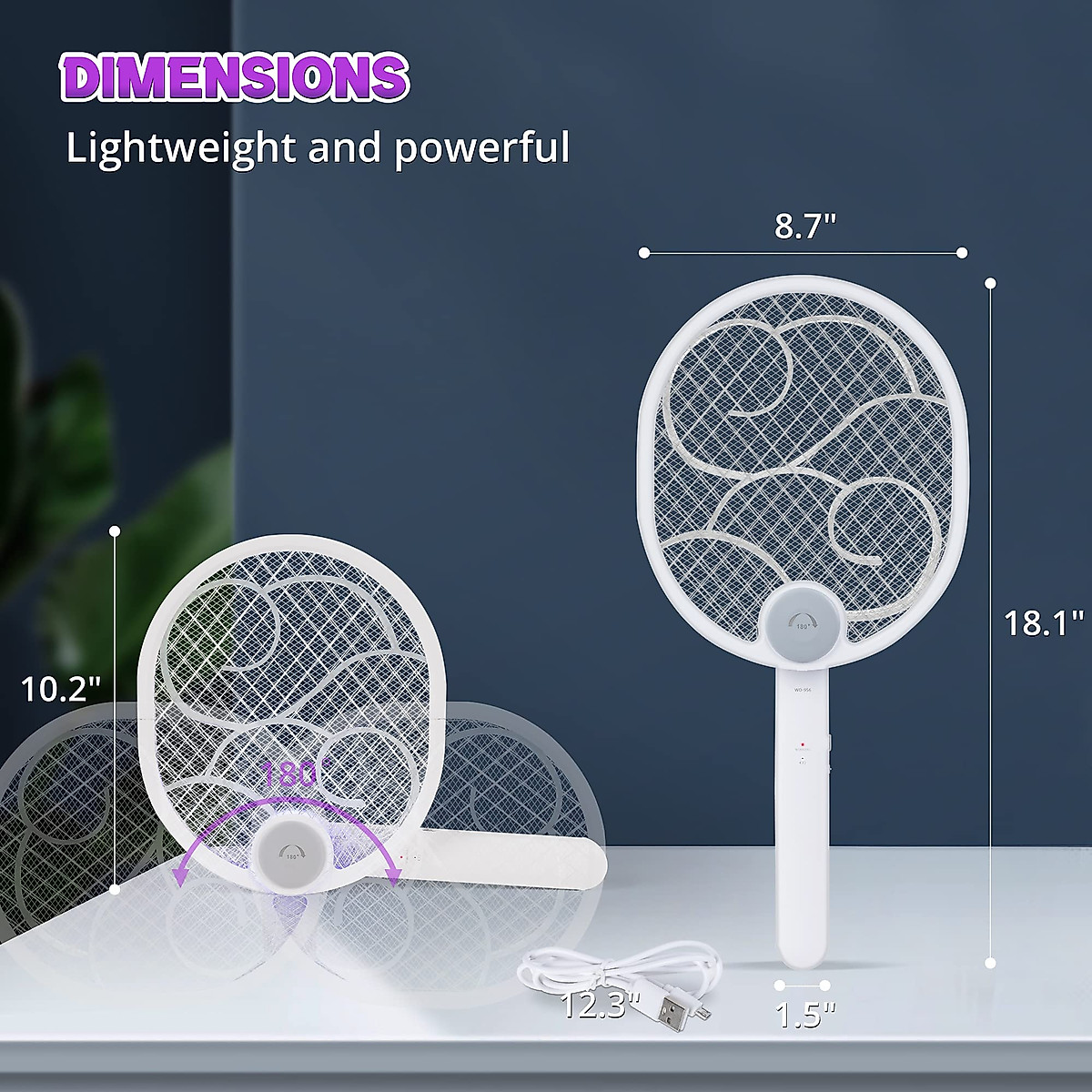 POWIFY 2 in 1 Foldable Electric Fly Swatter, USB Rechargeable Bug Zapper Racket with UV Light, 3 Layers Mesh Mosquito Swatter for Mosquito Fly Gnat Wasp (1 Pack)