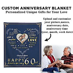 Custom Anniversary Blanket with Name Picture & Date, Personalized Gifts for 40th 50th 60th Wedding Anniversary, Custom Blanket for Couple, Golden 50 Years of Marriage Gifts for Dad, Mom, Grandparent