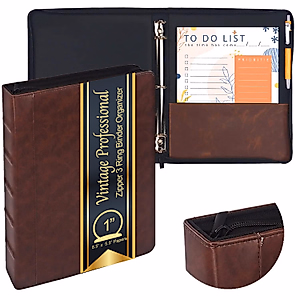 Performore Vintage Professional 3 Ring Zipper Binder Organizer, for 8.5" x 5.5" Paper, 1-Inch Round Rings, 2 Inner Pockets, Antique Brown Vegan Leather, Pen Included