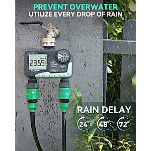 RAINPOINT Water Timer for Garden Hose - Sprinkler Timer with Brass Swivel - Rain Delay/Manual Watering/Automatic Irrigation Controller System Hose Timer Programmable Faucet Timer for Yard, 2 Outlet