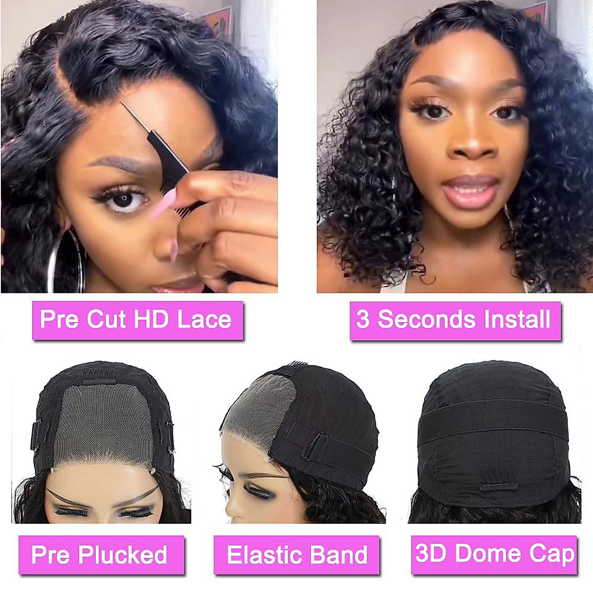 Srakuw Wear and Go Glueless Wigs Human Hair Pre Plucked Pre Cut Lace Front Wigs for Black Women 180% Density Water Wave Bob Wig Human Hair Curly Wig (14 Inch)