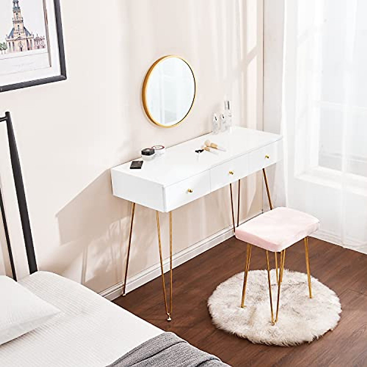 White Dressing Table Bedroom Vanity Table Chair Set with Cushioned ...