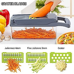 Vegetable Chopper with Container, 12-in-1 Multifunctional Veggie Chopper, 7 Blade Onion Chopper, Vegetable Cutter, Slicer, Grater, Mandolin Slicer with Container, Time-saving Kitchen Gadgets (Gray)