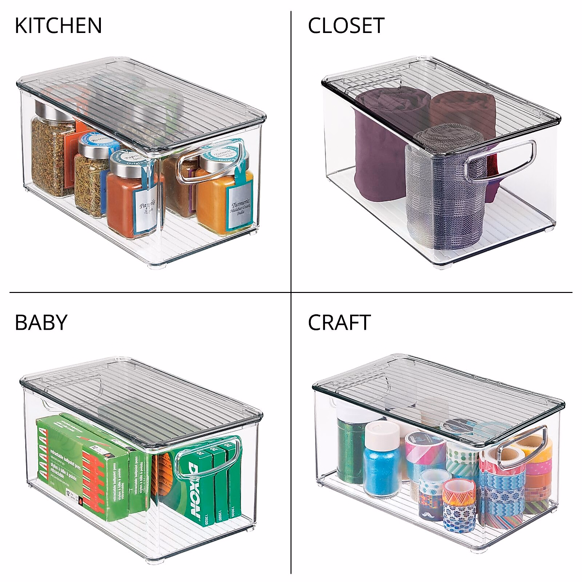 mDesign Plastic Deep Storage Bin Box Container with Lid and Built-In Handles - Organization for Fruit, Snacks, or Food in Kitchen Pantry, Cabinet, Cupboard, Ligne Collection, 4 Pack, Clear/Smoke Gray