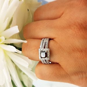 Dazzlingrock Collection 1.35 Carat (Cttw) Princess Black & Round White Diamond Split Shank Halo Wedding Ring Set for Women in 14K Solid White Gold, Size 8