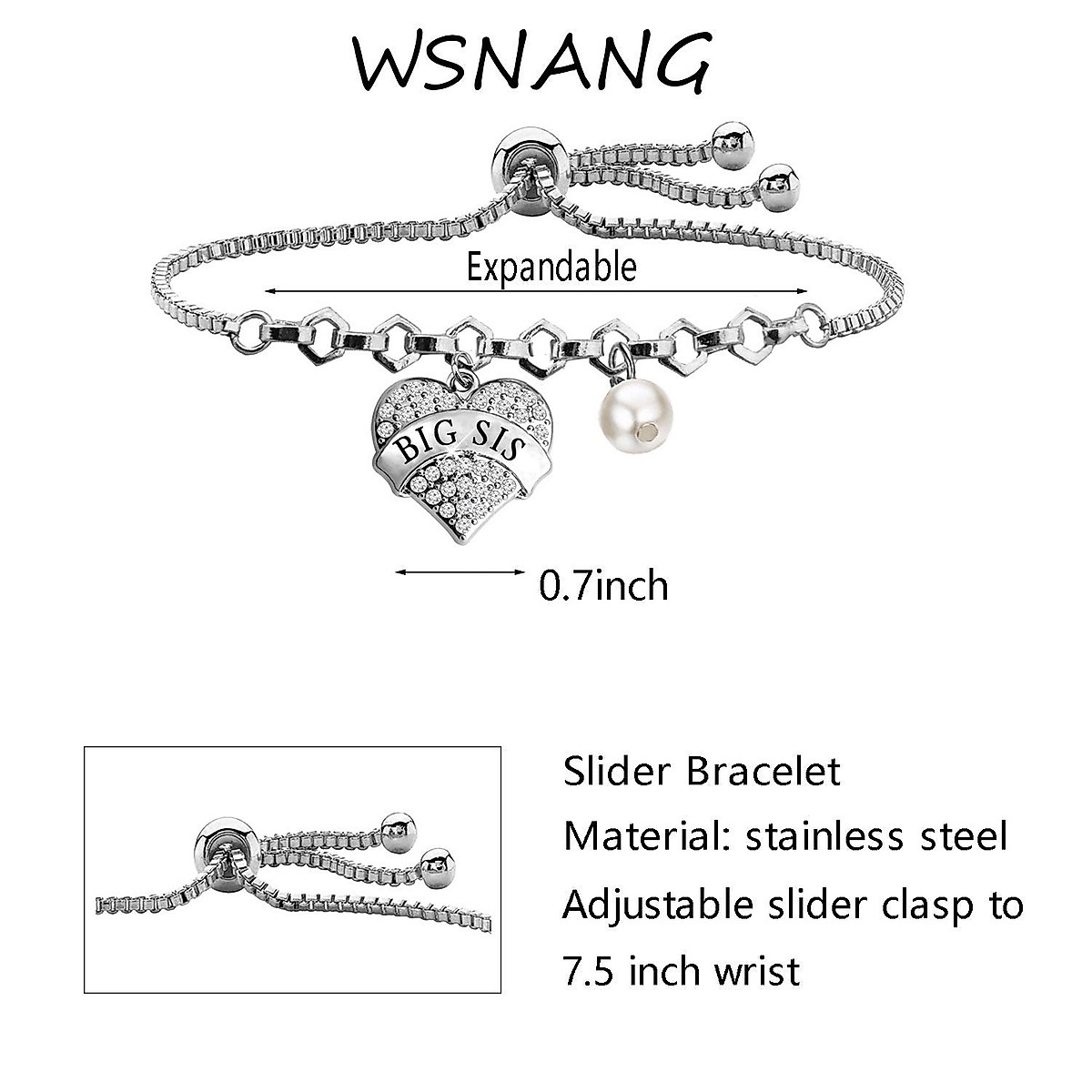 WSNANG Sister Jewelry Big Sis Middle Sis Little Sis Heart Pendant Bracelet/Lariat Y Necklace Set for Sister Best Friend (Slider Bracelet 3)