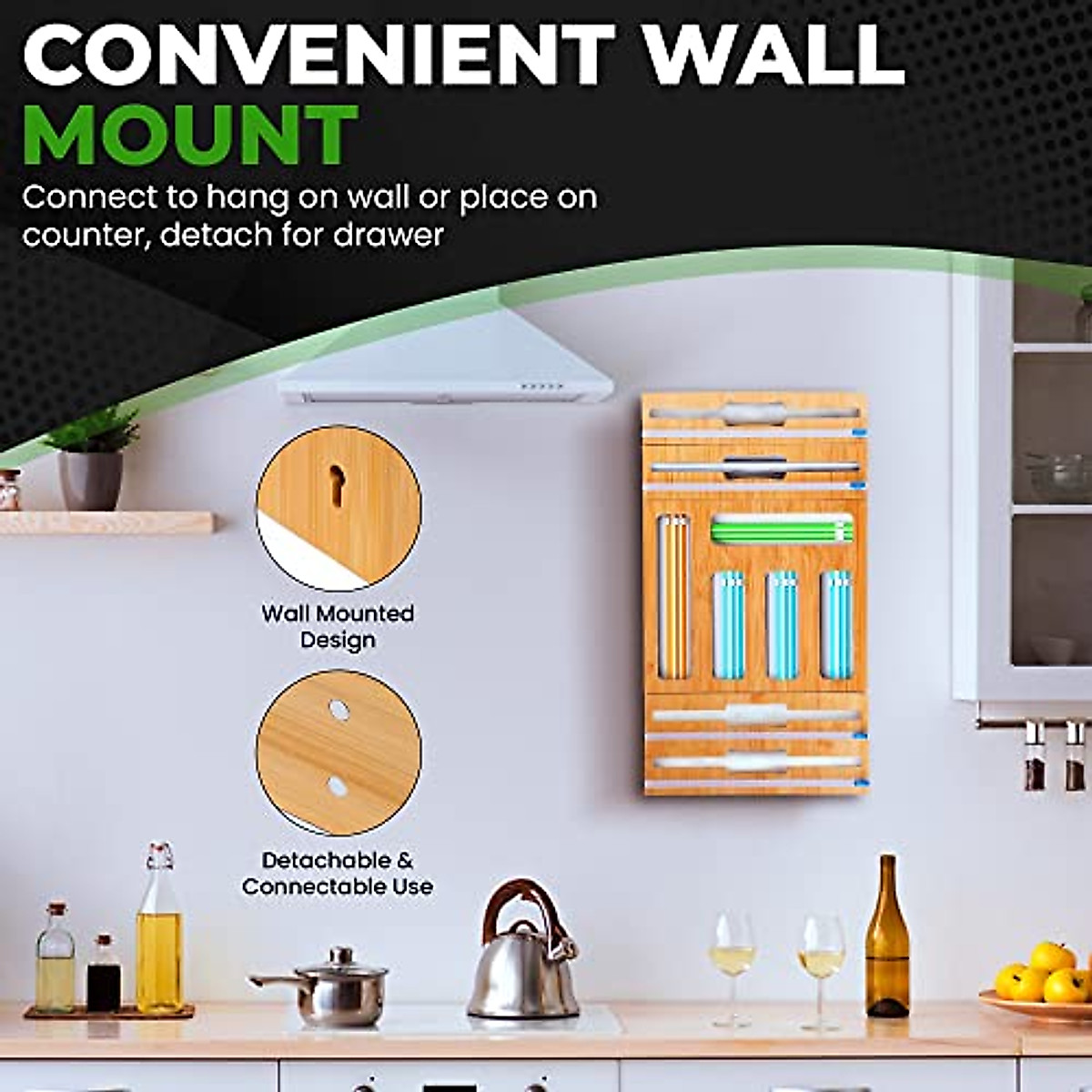 AGILILY 9 IN 1 Bamboo Storage Bag Organizer for Kitchen Drawer, Plastic Wrap and Foil Dispenser with Cutter, Compatible with Gallon, Quart, Sandwich and Snack Variety Size Bags (Natural, 3.5” High)