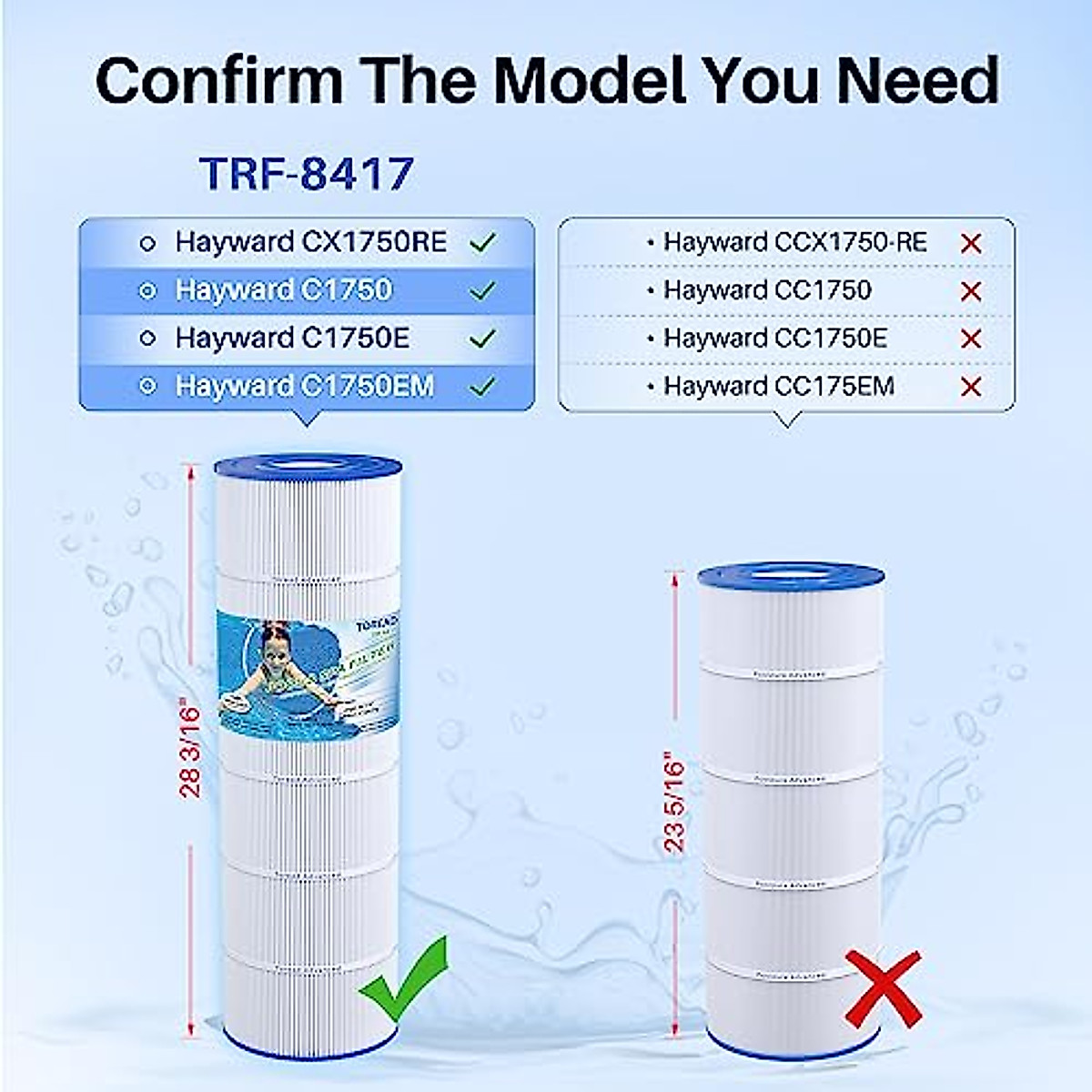 TOREAD Pool Replacement Filter for PA175, Hayward CX1750RE, C1750, Unicel C-8417, Filbur FC-1294, 25230-0175S, 817-0175P, Aladdin 27501, L x OD: 28 3/16" x8 15/16"