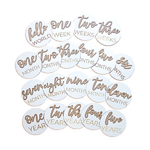 Wooden 3D Monthly Milestone Discs for Baby Photos (20 pcs Set), First Year Monthly Milestone Marker, Includes 1-5 Years, White Stained