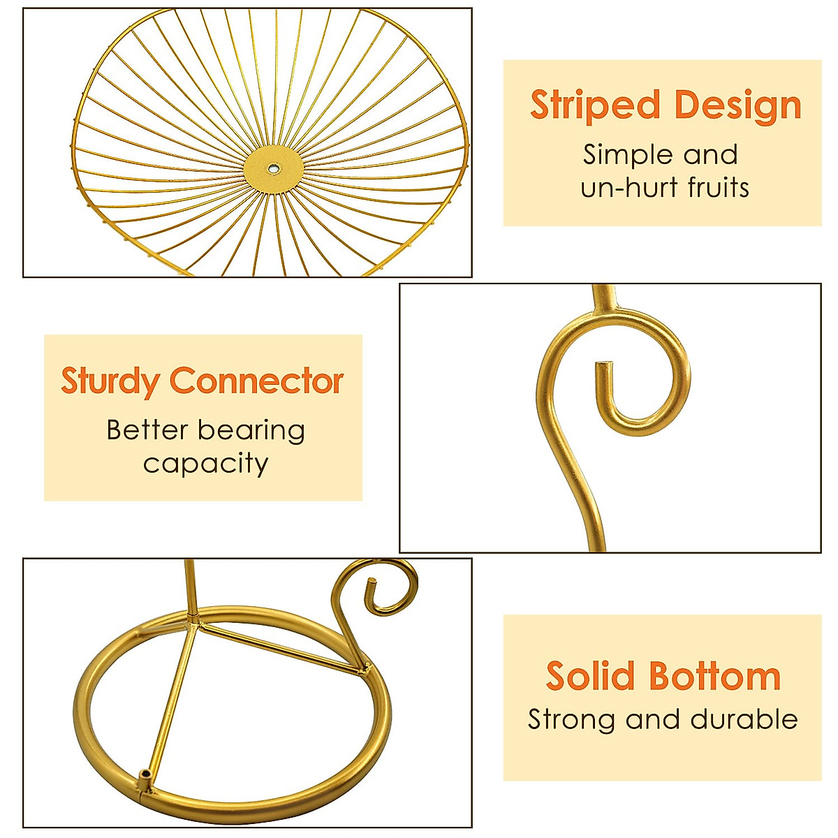 BUDO Metal Fruit Basket, 3-Tier Decorative Fruit Bowl, Wire Vegetables Snacks Metal Bowl Storage Trays Table Countertop, Modern Veggie Holder Stand for Home Kitchen Centerpiece, Gold