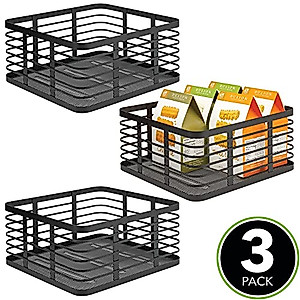 mDesign Steel Metal Wire Kitchen Food Storage Organizer Bin Basket for Pantry Organization - Wired Farmhouse Basket with Handle for Shelves - Carson Collection - 3 Pack, Matte Black