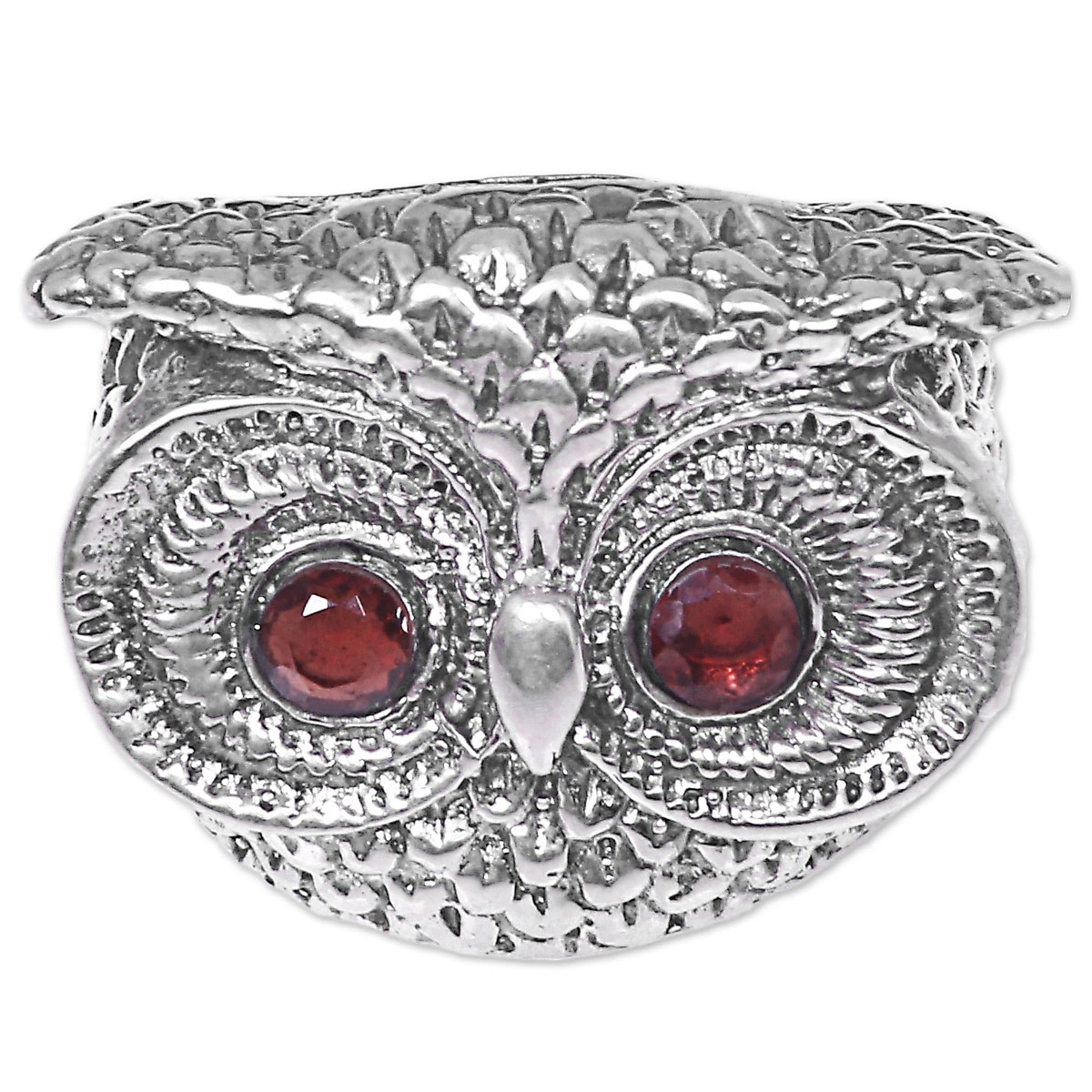 NOVICA Artisan Handmade Garnet Cocktail Ring Balinese Sterling Silver Owl with Eyes Red Indonesia Animal Themed Birthstone [crownbezel 0.7 in L x 1 in W x 0.2 in H Band Width 3 mm W] ' Owl Eyes'