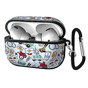 Slim Form Fitted Printing Pattern Cover Case with Carabiner Compatible with AirPods Pro 2019 / Medical Doctor Icons Doodle