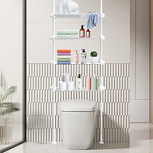 BsBsBest Over The Toilet Storage, 91-124 Inch Adjustable Bathroom Organizer, 4-Tier Toilet Rack Storage Shelf, Stainless Steel Bathroom Organizer, Spacesaver, White