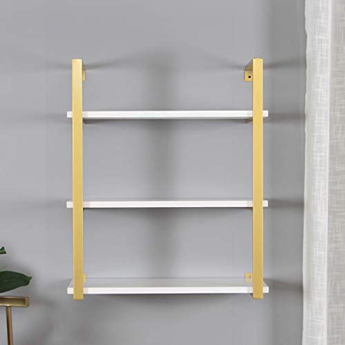 SSS Furniture 3-Tier Modern Rustic Floating Wall Shelves, 24 Inch Industrial Shelving Iron Wall Shelves,White and Gold Farmhouse Wall Bookshelf Mounted for Bedrooms Office