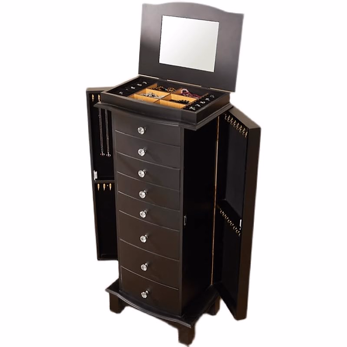 Jewelry Armoire with Mirror, 7 Drawers & 24 Necklace Hooks, 2 Side Swing Doors(Black Brown) (17.8 x 13 x 40)"
