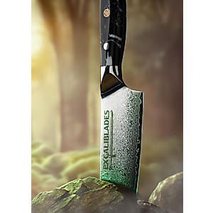 EXCALIBLADES Ultra Sharp 8" Damascus Chef's Knife. High Carbon 67-layers VG10 Stainless Steel Kitchen Knife, Ultra Sharp with Full Tang. Black Turquoise Ergonomic G10 Handle.